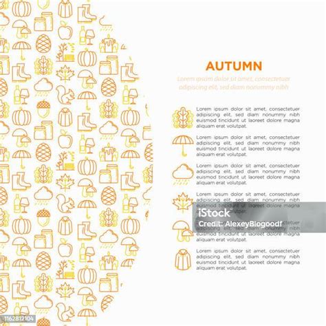 얇은 라인 아이콘가있는 가을 개념 단풍 나무 버섯 참나무 잎 사과 호박 우산 비 양초 도토리 고무 부츠 비옷 소나무 다람쥐 벡터 일러스트레이션 인쇄 용지 템플릿 0명에 대한