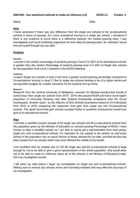 As91264 Use Statistical Methods To Make An Inference Mathematics