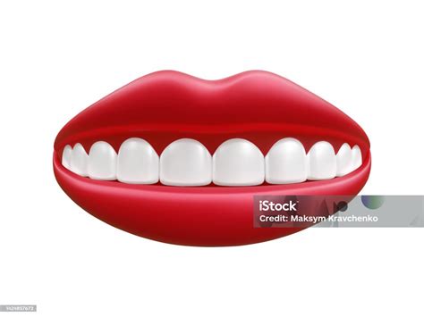 붉은 입술과 흰색 치아가 흰색 배경에 고립 된 사실적인 입 벡터 일러스트 레이 션 3차원 형태에 대한 스톡 벡터 아트 및 기타 이미지 3차원 형태 건강관리와 의술