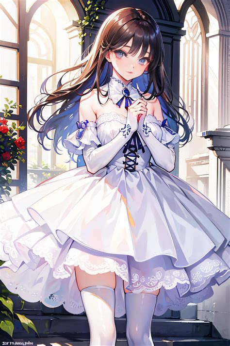 파란 눈과 긴 머리를 가진 하얀 드레스를 입은 애니메이션 소녀 Seaart Ai