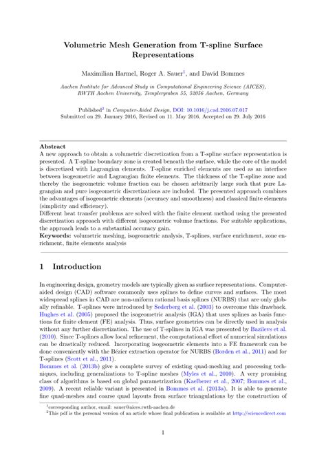 Pdf Volumetric Mesh Generation From T Spline Surface Representations