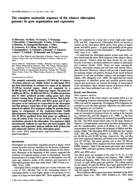 Pdf The Complete Nucleotide Sequence Of The Tobacco Chloroplast Genome Its Gene Organization