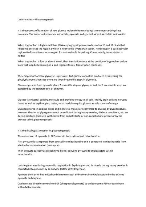 Lecture Notes Gluconeogenesis Lecture Notes Gluconeogenesis It Is