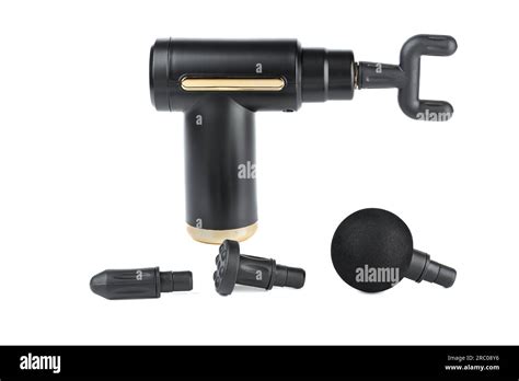 Massage Gun And Nozzles Of Various Configurations On A White Background