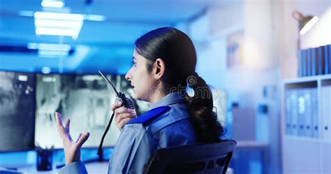 Woman Security Guard Or Radio With Surveillance For Signal Communication Or Health And Safety