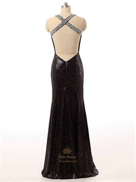 Black Sequin V Neck Beaded Straps Bodycon Mermaid Prom Dress With Open