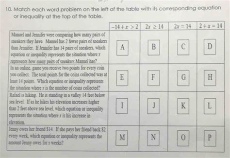 Solved 10 Match Each Word Problem On The Left Of The Table With Its Corresponding Equation [math]