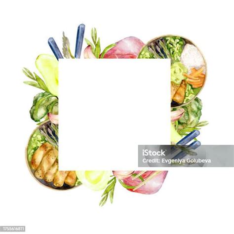 수채화 아시아 포케 그릇 프레임입니다 한국 포케 젓가락 브로콜리 고기 돼지고기 아보카도 구성 로고 라벨 메뉴 레스토랑 디자인에 대한 음식 일러스트레이션 수채화에 대한 스톡