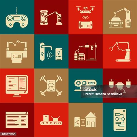 설정 알고리즘 산업용 기계 로봇 로봇 팔 손 공장 원격 공중 드론 잠금 해제를 위한 디지털 도어록 무선 기술 조립 라인 제어 및 3d 프린터 아이콘 벡터 3차원 형태에 대한