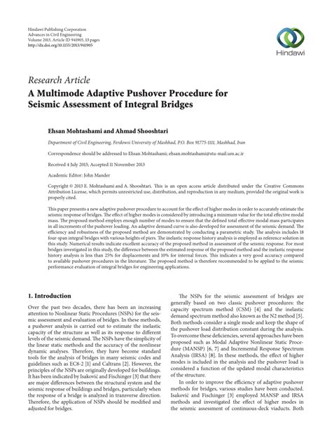 Pdf A Multimode Adaptive Pushover Procedure For Seismic Assessment Of Integral Bridges