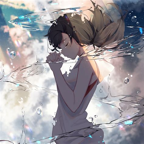 Anime Anime Girls Black Hair Closed Eyes Water Sky Clouds