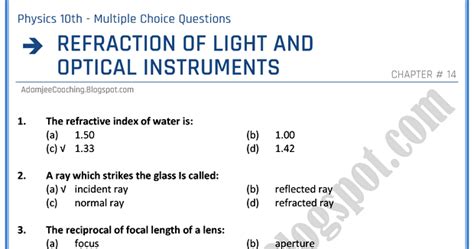 Refraction Of Light And Optical Instruments Mcqs Multiple Choice Questions For Light