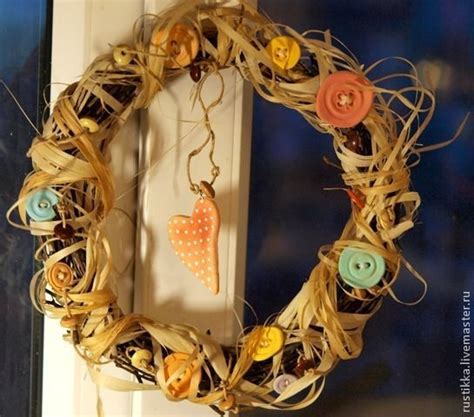 Купить Весенний венок бежевый венок весна пуговицы подарок берёза лыко полимерная глина