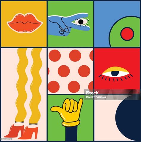 손으로 그린 추상 콜라주 모양 재미있는 귀여운 만화 캐릭터 다른 색깔의 벡터 일러스트레이션의 큰 세트 사각형 포스터 평면 디자인의 로고 템플릿 0명에 대한 스톡 벡터 아트