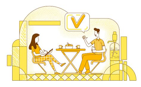 성공적인 면접 플랫 실루엣 벡터 일러스트 Hr 관리자와 후보는 노란색 배경에 문자를 간략하게 설명합니다 비즈니스 미팅 고용 협상 간단한 스타일 그리기 2차 도형에 대한 스톡