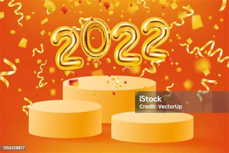 2022 골드 호일 풍선 번호 오렌지 무대 연단 3d 사실적인 장면 황금 풍선 받침대 떨어지는 색종이 벡터 템플릿 배너 크리스마스 새해 2022년에 대한 스톡 벡터 아트 및