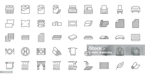 침실 린넨 플랫 라인 아이콘 세트 더블 침대 쿠션 담요 시트 베개 매트리스 토퍼 커튼 목욕 가운 벡터 일러스트 집 직물의 윤곽 징후 편집 가능한 스트로크 아이콘에 대한 스톡