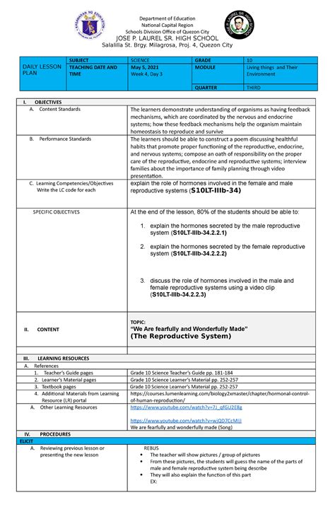 Dll Reproductive System Daily Lesson Plan Subject Science Grade 10 Teaching Date And Time May
