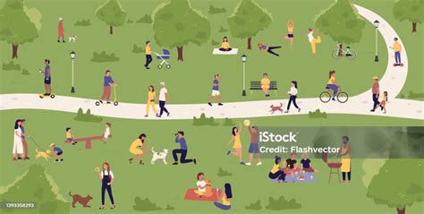 사람들은 주말에 여름 도시 공원에서 활발한 즐거운 시간을 보내고 캐릭터가있는 만화지도를 보냅니다 공원에 대한 스톡 벡터 아트 및 기타 이미지 Istock