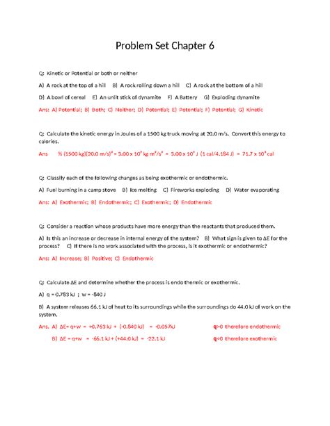 Problem Set Chapter 6 Convert This Energy To Calories Ans ½ 1500 Kg