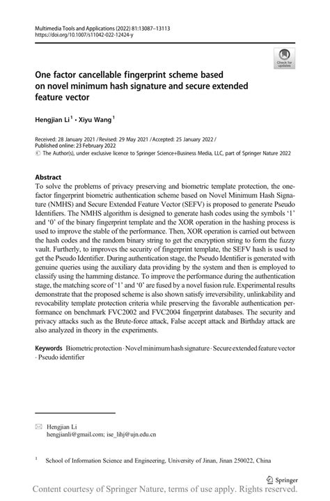 One Factor Cancellable Fingerprint Scheme Based On Novel Minimum Hash
