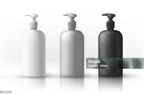 위생 및 살균 제품을위한 흰색 회색 검은 색 플라스틱 병 세트 별도의 레이어의 오브젝트 그림자 및 반사 벡터 3차원 형태에 대한