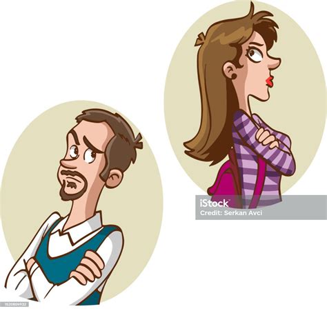 이혼의 개념 가족의 오해 화난 남자와 기분을 상하게 한 여자는 서로 떨어져 서 있습니다 관계 해체 위기 평면 만화 스타일의 벡터 그림입니다 2명에 대한 스톡 벡터 아트 및