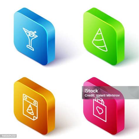 아이소메트릭 라인 마티니 글래스 파티 모자 캘린더 파티 하트 아이콘이 있는 쇼핑백을 설정합니다 벡터 3차원 형태에 대한 스톡 벡터 아트 및 기타 이미지 Istock