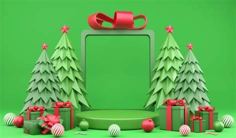 Enfeites de natal de renderização 3D e pódio verde para exibição de produtos em fundo verde