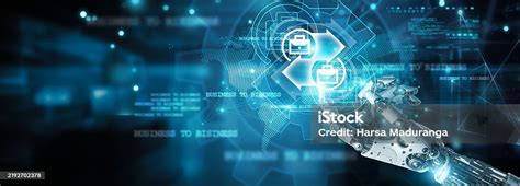 기업 대 기업 로봇 터치 디지털 인터페이스 및 B2b 아이콘의 손 네트워크상의 데이터 흐름 효율성 확장 성 혁신 창의성 및 영감 성장과 협업이 번창합니다 공급망에 대한 스톡