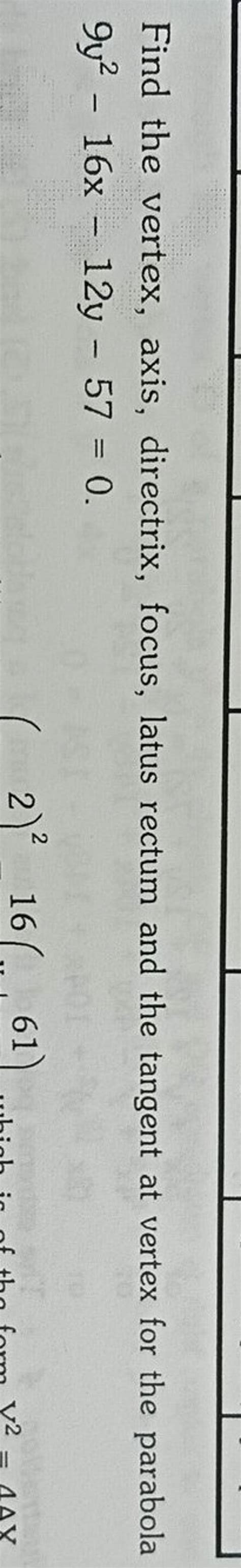 Find The Vertex Axis Directrix Focus Latus Rectum And The Tangent At