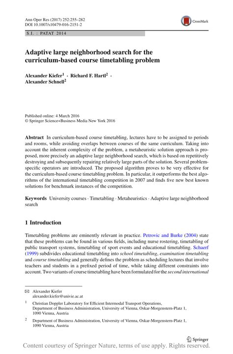 Adaptive Large Neighborhood Search For The Curriculum Based Course Timetabling Problem Request Pdf
