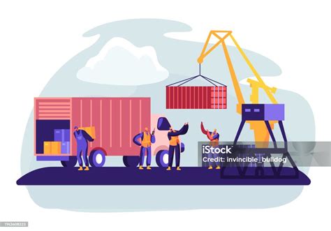 해상 화물 보트에 항구 기중 기 선적 콘테이너를 가진 선적 항구 항구 노동자는 등 대 근처 부두에 있는 트럭에서 상자를 수행