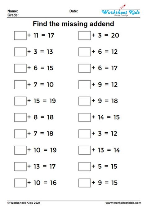 Missing Addends Worksheets For Grade 1 Grade 2 And Kindergarten Free