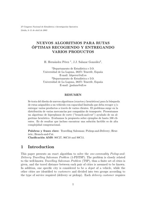 PDF Nuevos algoritmos para rutas óptimas recogiendo y entregando varios productos