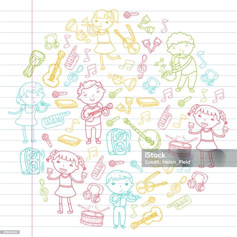 음악 학교 아이 들 벡터 일러스트 어린이 대 한 노래를 노래 연주 악기 유치원 낙서 아이콘 컬렉션 아이 들 음악 레슨에 대 한