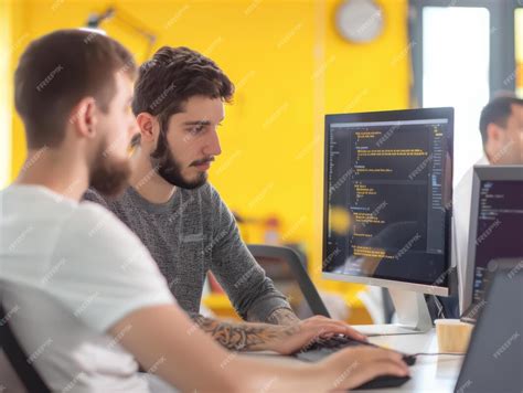 Young Developers Collaborating On Code In Modern Office With Yellow