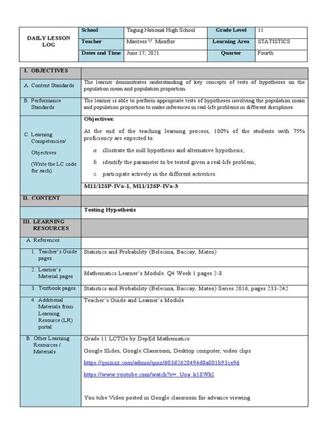 Thess Dlp Cot Q4 Testing Hypothesis Pdf Hypothesis Statistics