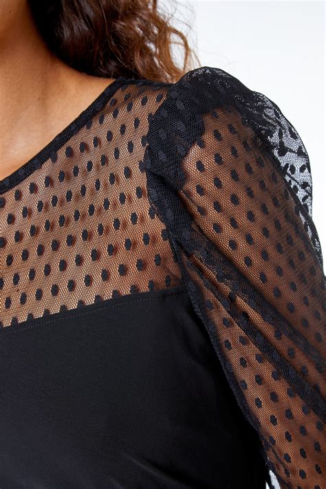 Spot Mesh Puff Sleeve Ruched Midi Dress In Black Roman Originals Uk