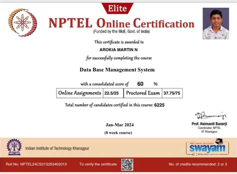 Arokia Martin N On Linkedin Nptel Databasemanagement Certified