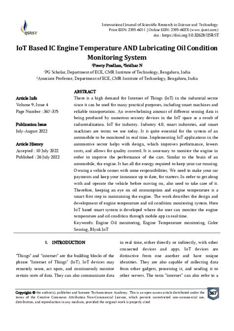 Pdf Iot Based Ic Engine Temperature And Lubricating Oil Condition Monitoring System
