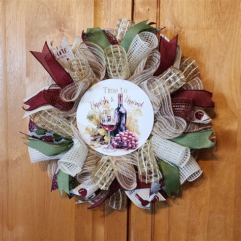 Mini Pixie Wine Wreath With Burgundy Cream And Gold Mesh And A Sign That Says Time To Uncork