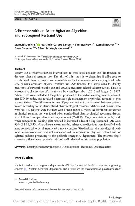 Adherence With An Acute Agitation Algorithm And Subsequent Restraint