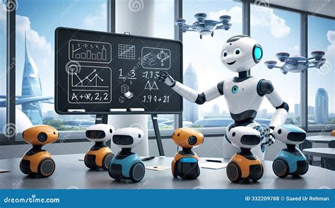 Futuristic Classroom Scene Robot Teaching Smaller Robots In Advanced