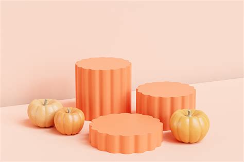 베이지 색 배경 3d 렌더에 가을 휴가를 위한 제품 전시 또는 광고용 호박이 있는 연단 또는 받침대 0명에 대한 스톡 사진 및