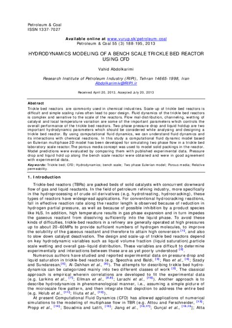 Pdf Hydrodynamics Modeling Of A Bench Scale Trickle Bed Reactor Using Cfd