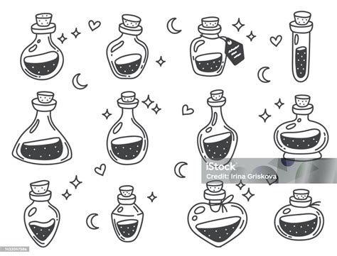 물약 연금술 항아리 병 신비한 유리 라인 아트 스타일 고립 된 세트 컬렉션 그래픽 디자인 일러스트 레이 션 개념에 대한 스톡 벡터 아트 및 기타 이미지 Istock