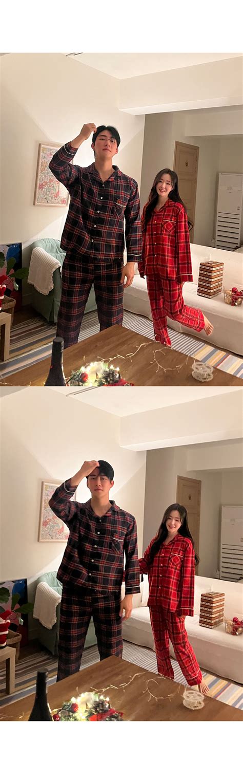 코지 체크 파자마세트 긴팔 커플잠옷