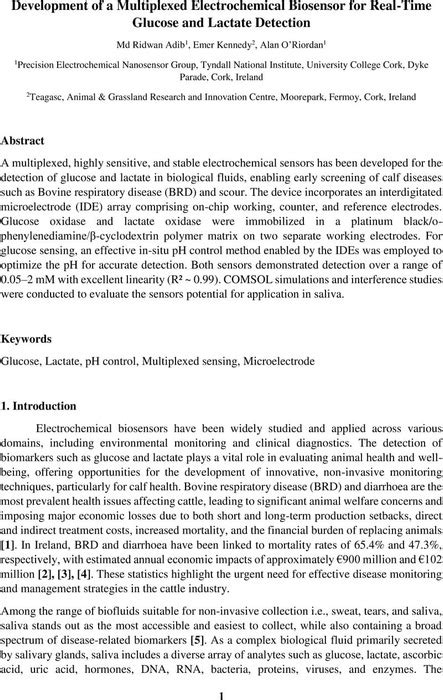 Development Of A Multiplexed Electrochemical Biosensor For Real Time Glucose And Lactate
