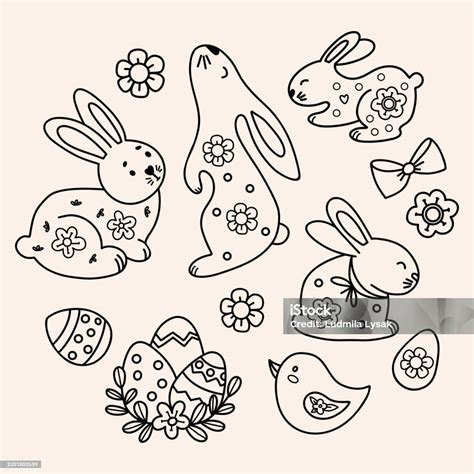 귀여운 부활절 토끼와 파스칼 달걀 낙서 봄 홀리데이 컬렉션 Isolated Vector Line 축제 장식 및 디자인을 위한 손으로 그린 일러스트레이션 가공의 인물에 대한
